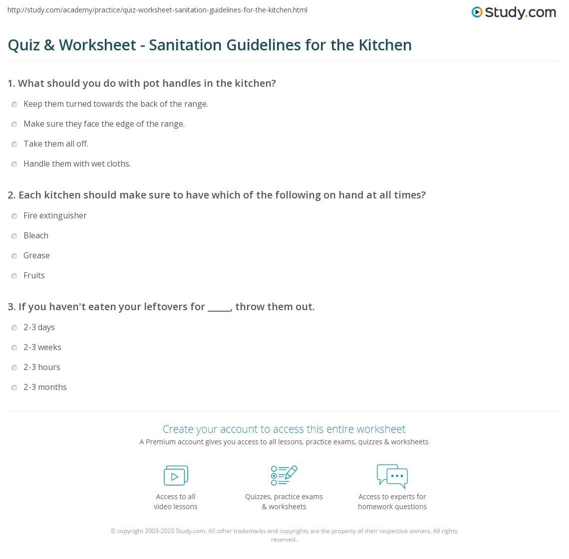 Quiz Worksheet Sanitation Guidelines For The Kitchen Study Quiz Worksheet Sanitation Guidelines For The Kitchen Study
