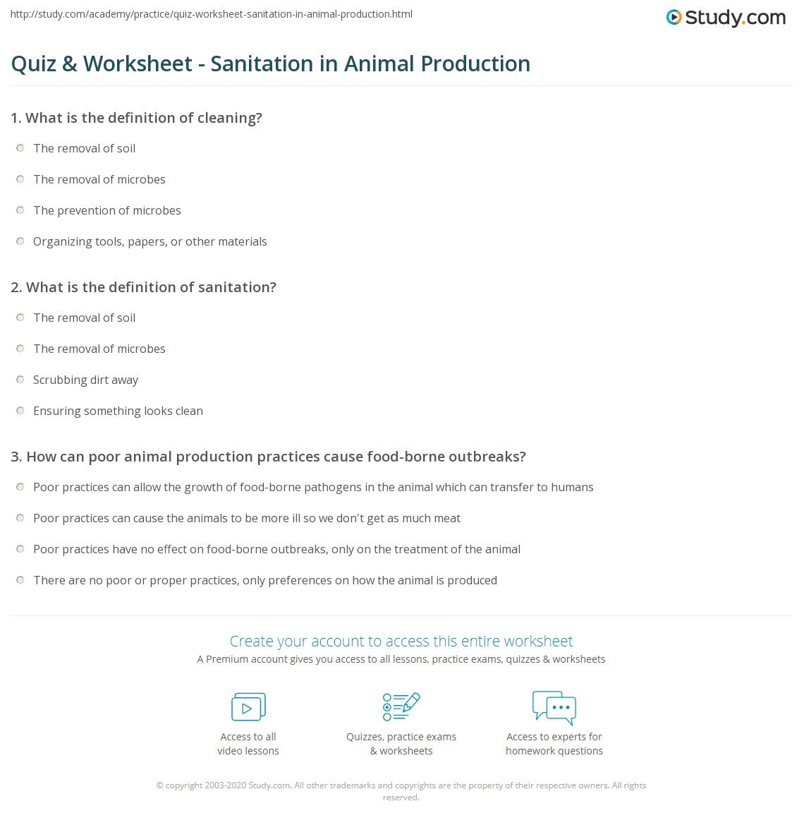 Quiz & Worksheet - Sanitation in Animal Production | Study.com