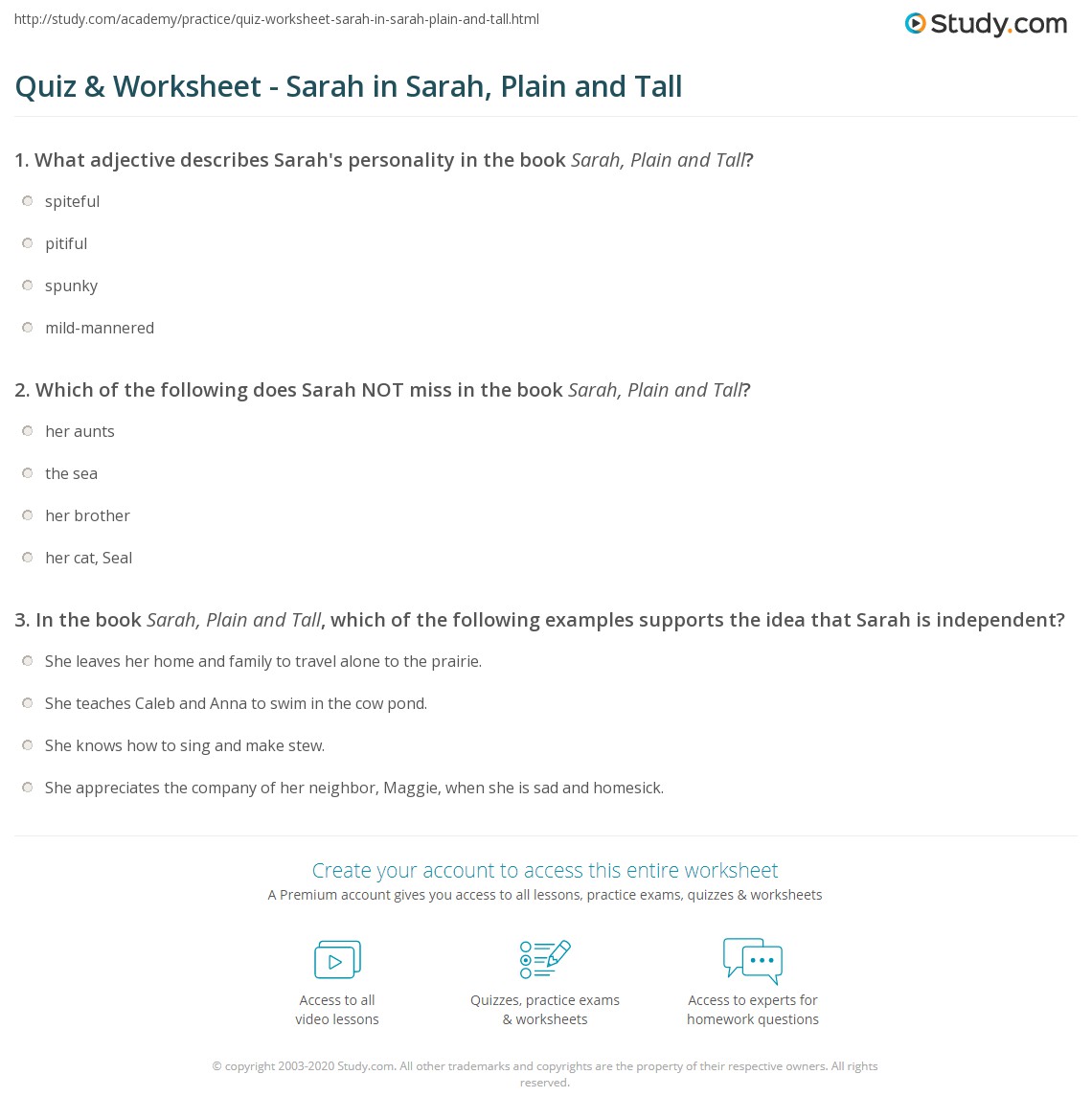Quiz & Worksheet - Sarah in Sarah, Plain and Tall | Study.com