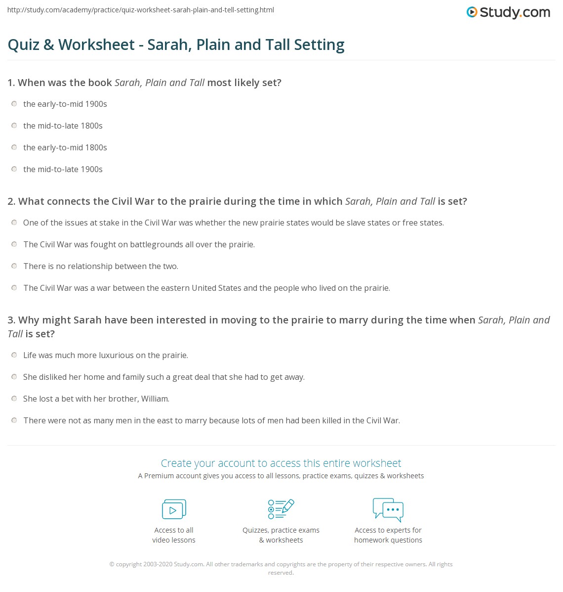 Quiz & Worksheet - Sarah, Plain and Tall Setting | Study.com