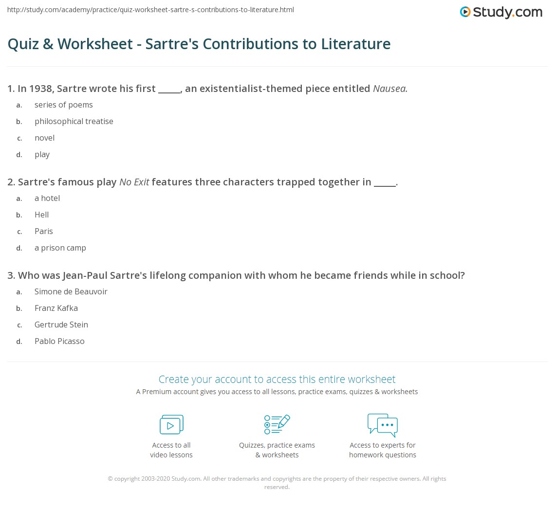 Quiz & Worksheet - Sartre's Contributions to Literature | Study.com