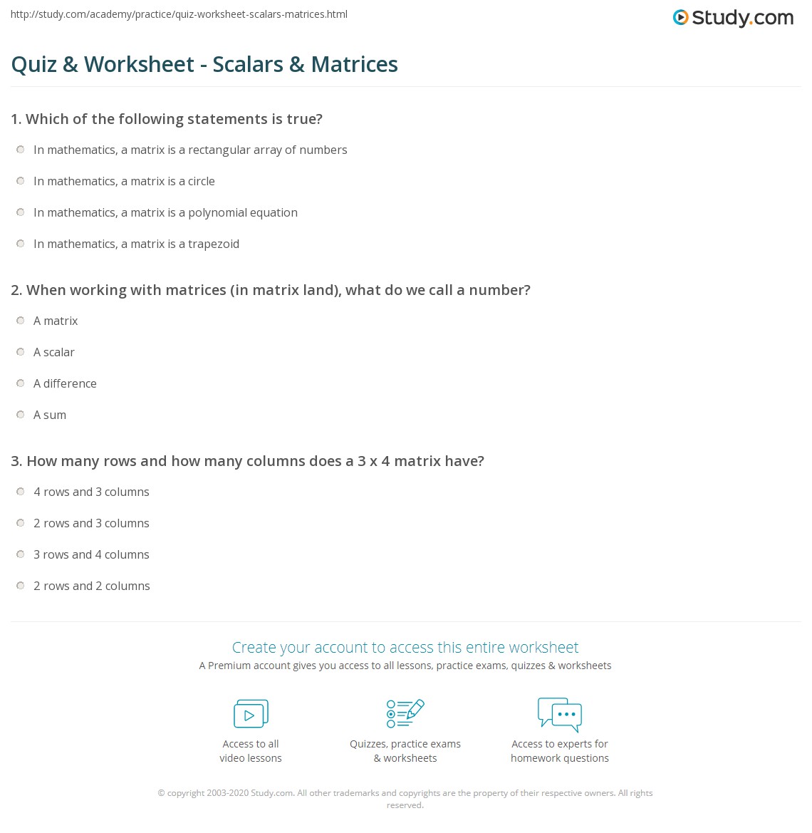 Quiz & Worksheet - Scalars & Matrices | Study.com