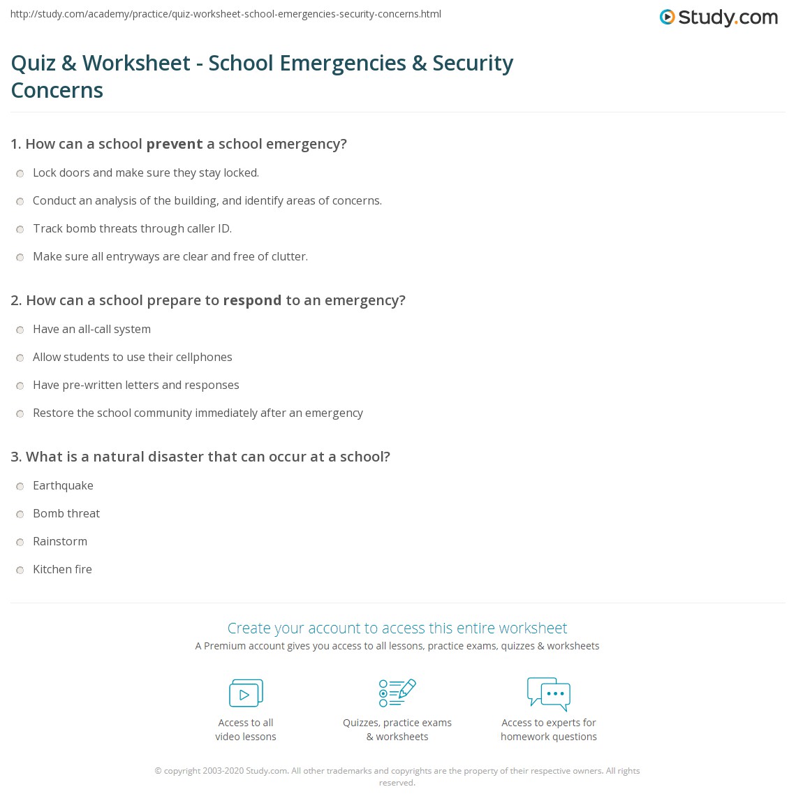 Quiz & Worksheet - School Emergencies & Security Concerns | Study.com
