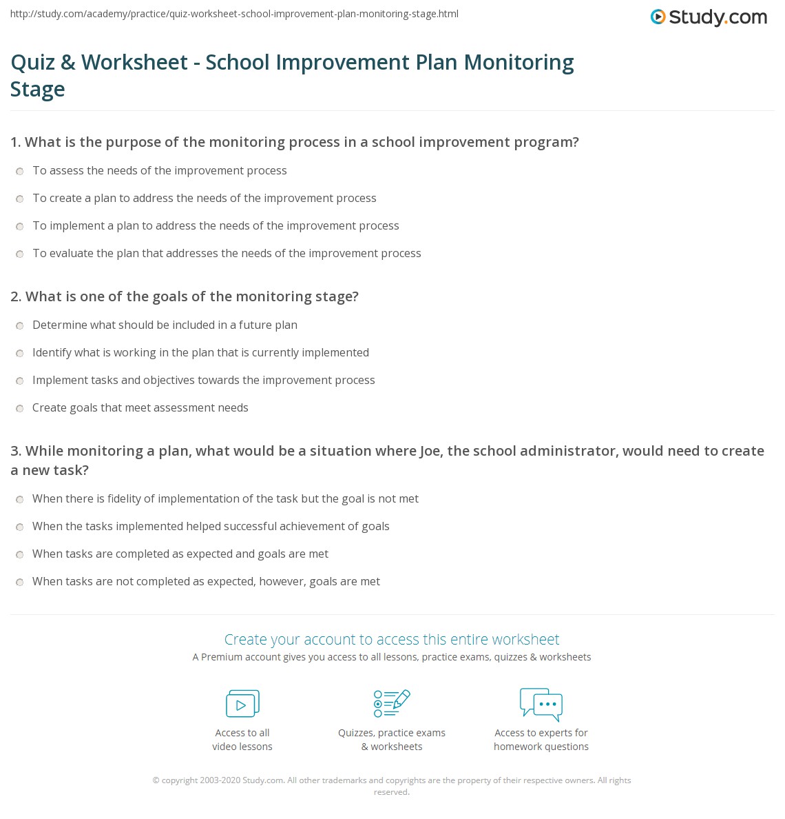 Quiz & Worksheet - School Improvement Plan Monitoring Stage | Study.com