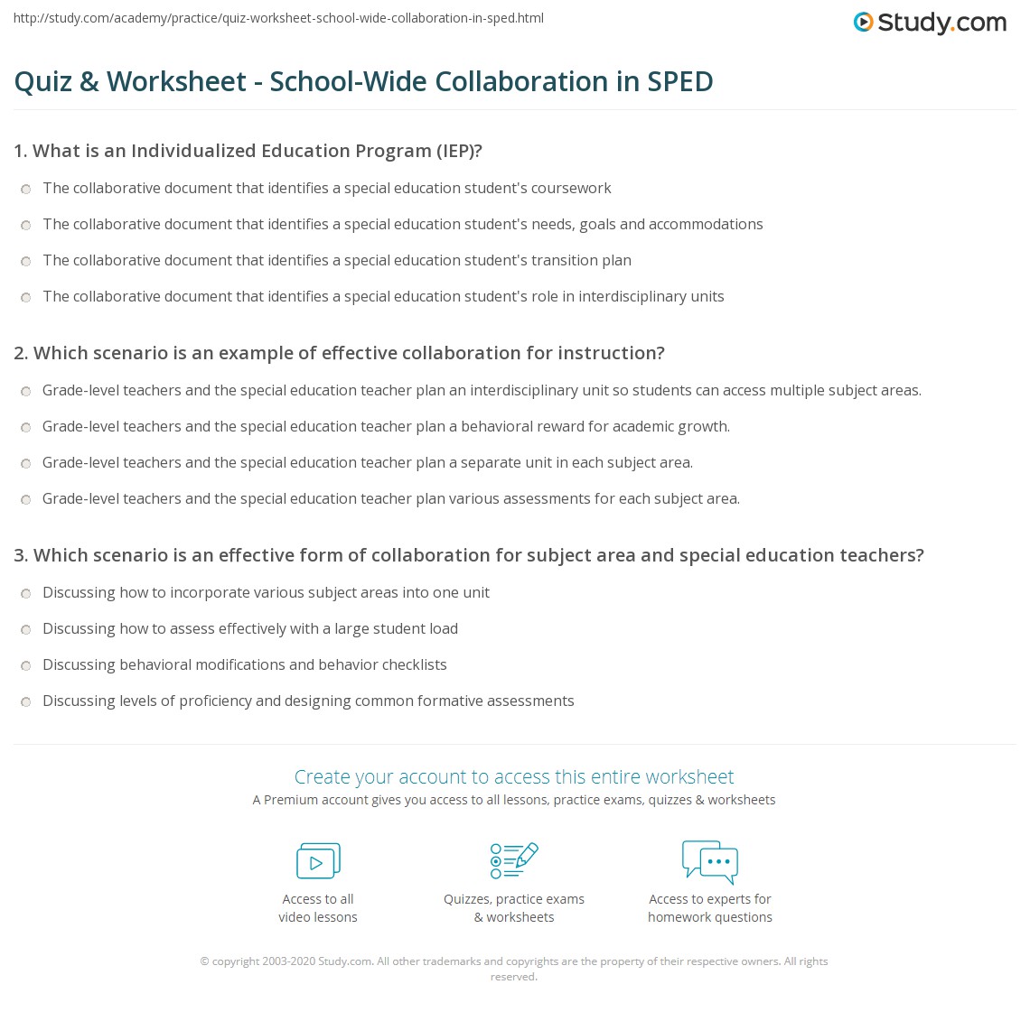 Quiz & Worksheet - School-Wide Collaboration in SPED | Study.com