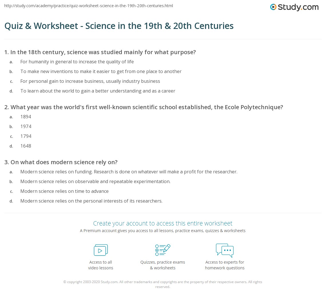 Quiz & Worksheet - Science in the 19th & 20th Centuries | Study.com