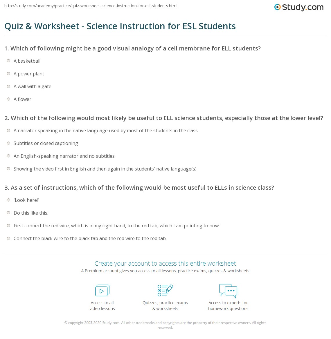 Quiz & Worksheet - Science Instruction for ESL Students | Study.com