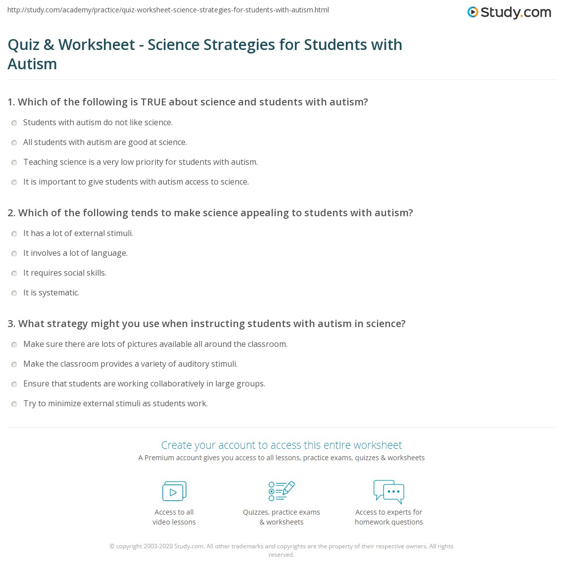Quiz & Worksheet - Science Strategies for Students with Autism | Study.com