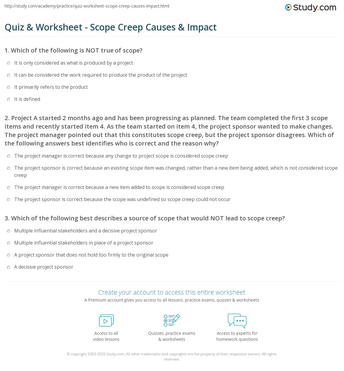 Quiz & Worksheet - Scope Creep Causes & Impact | Study.com