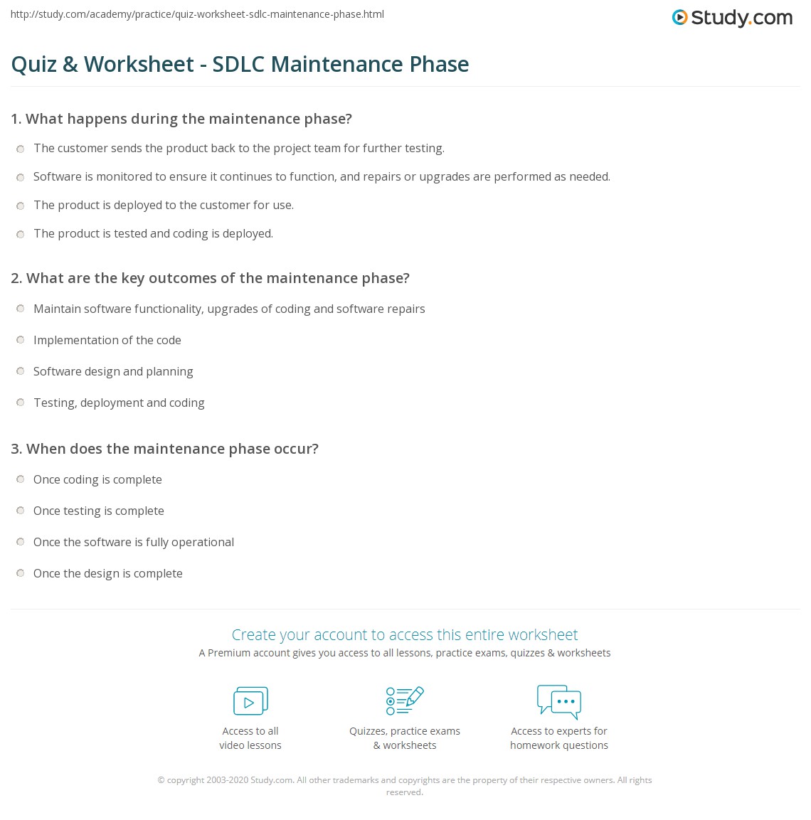 Quiz & Worksheet - SDLC Maintenance Phase | Study.com