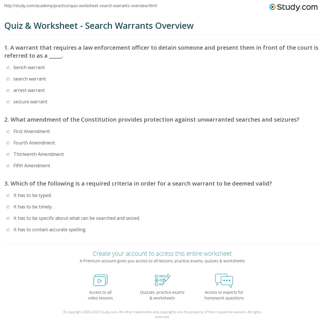 Quiz & Worksheet - Search Warrants Overview | Study.com