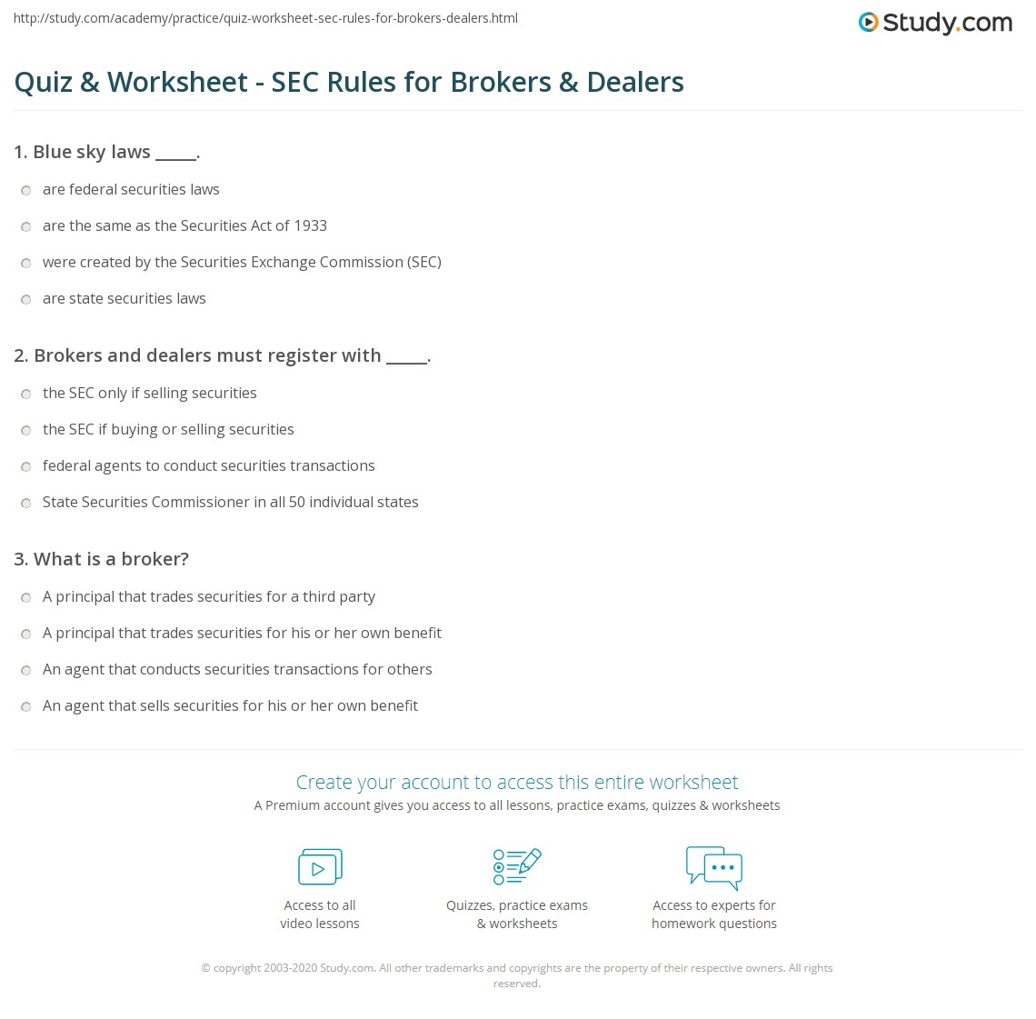 Quiz & Worksheet - SEC Rules for Brokers & Dealers | Study.com