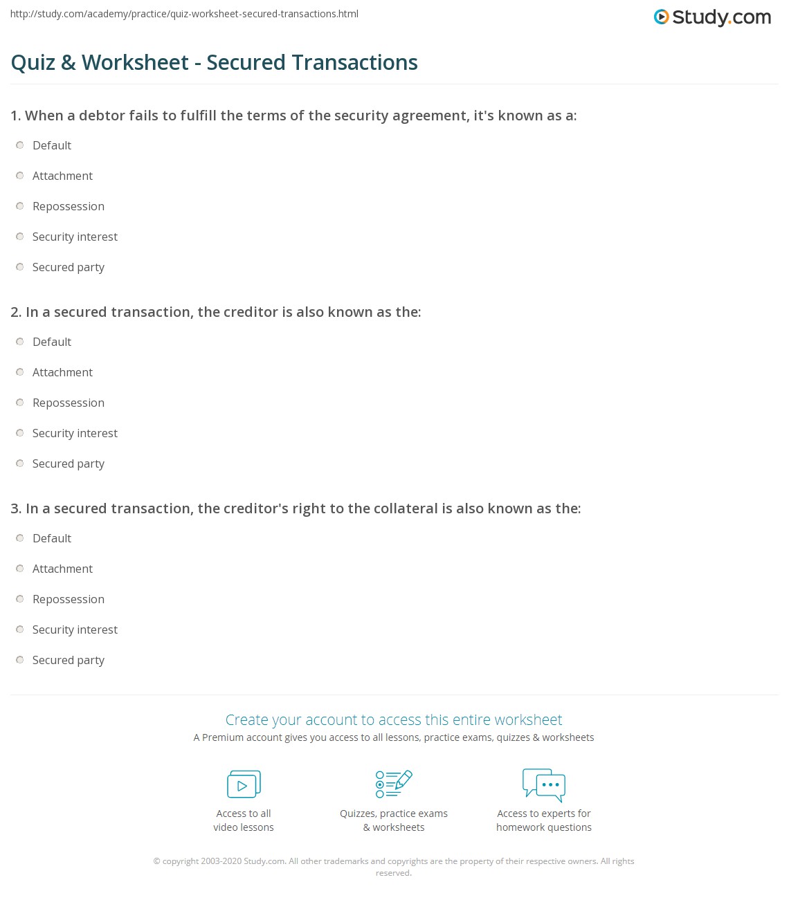 Quiz & Worksheet - Secured Transactions | Study.com