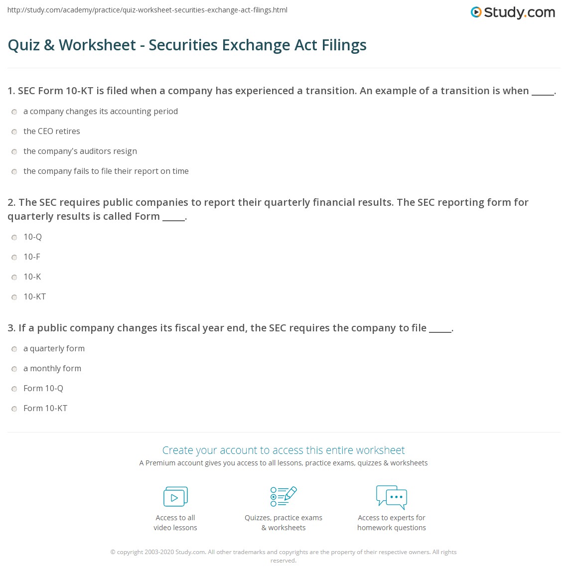 Quiz & Worksheet - Securities Exchange Act Filings | Study.com