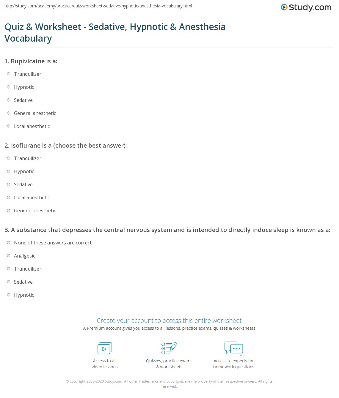 Quiz & Worksheet - Sedative, Hypnotic & Anesthesia Vocabulary | Study.com