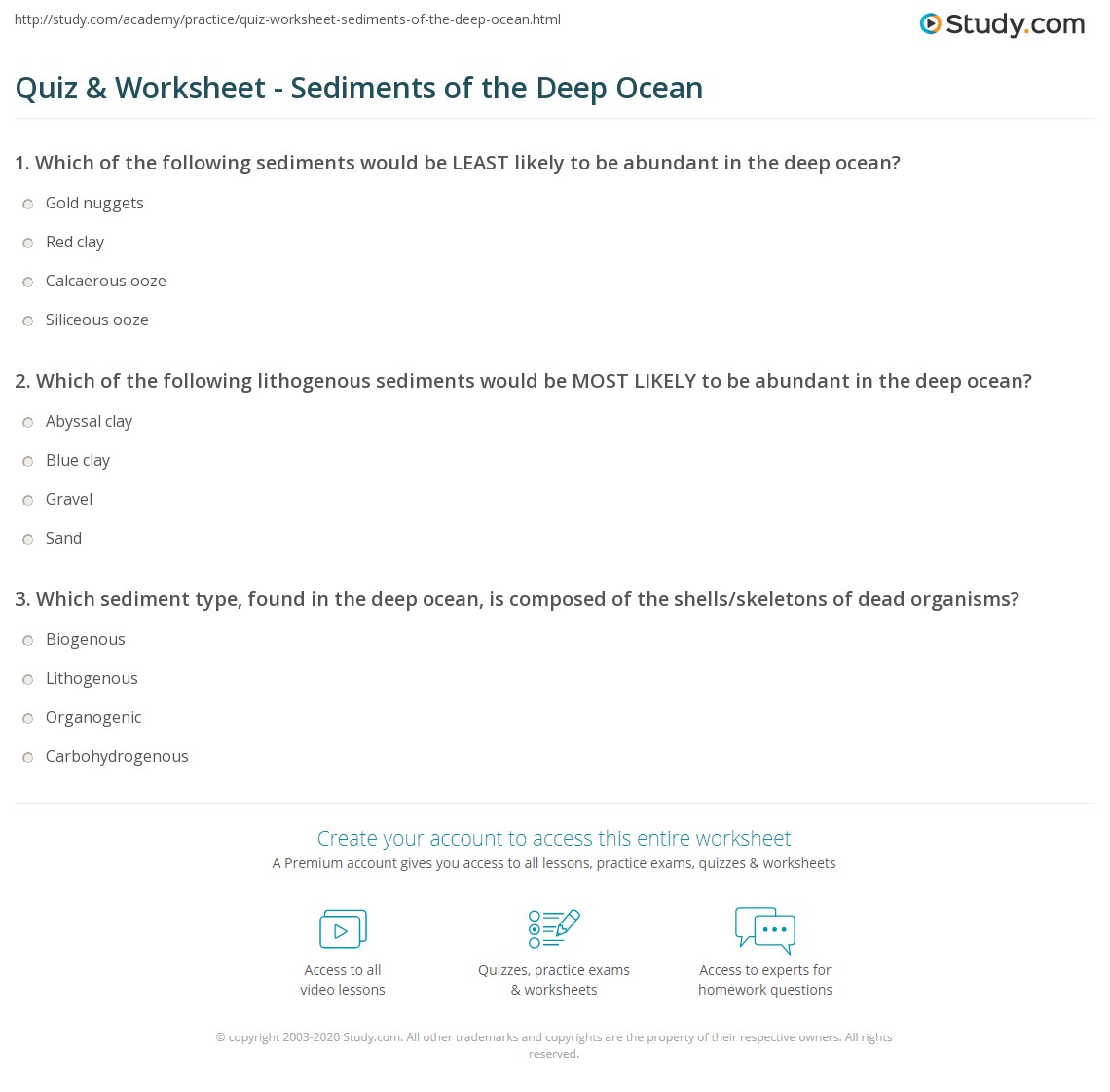 Quiz & Worksheet - Sediments of the Deep Ocean | Study.com