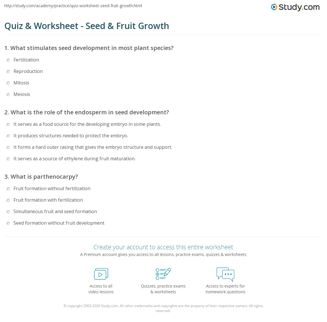 Quiz & Worksheet - Seed & Fruit Growth | Study.com