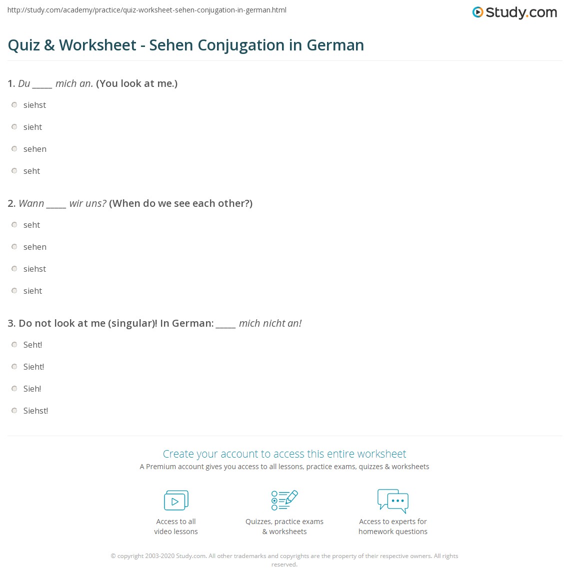 Quiz & Worksheet - Sehen Conjugation in German | Study.com