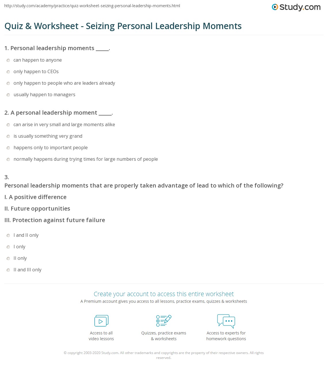 Quiz & Worksheet - Seizing Personal Leadership Moments | Study.com