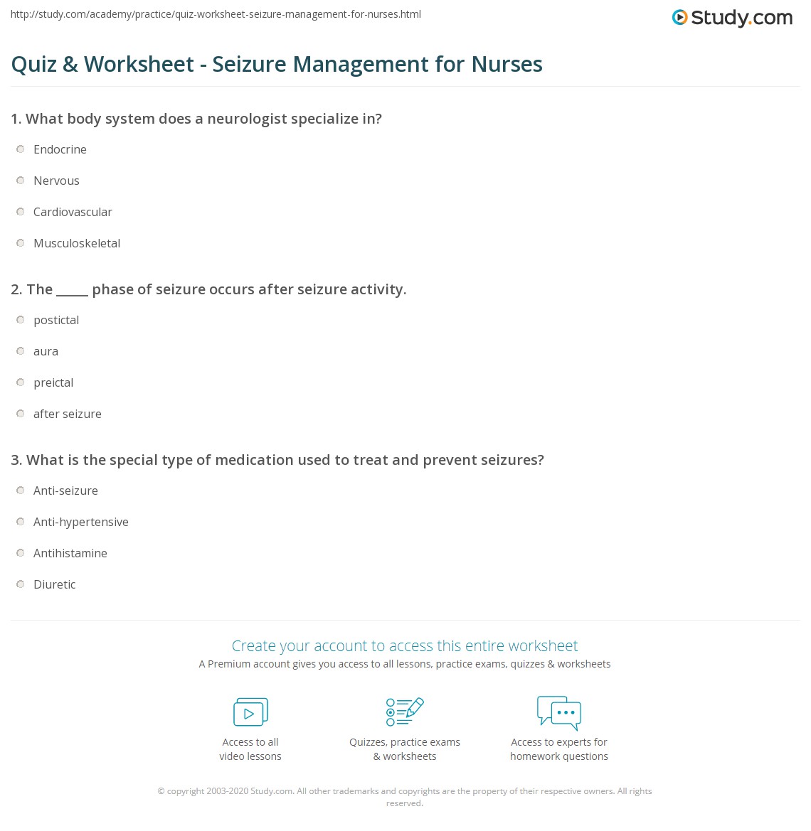 Quiz & Worksheet - Seizure Management for Nurses | Study.com