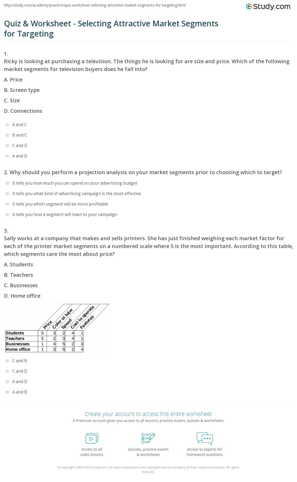 Quiz & Worksheet - Selecting Attractive Market Segments for Targeting ...