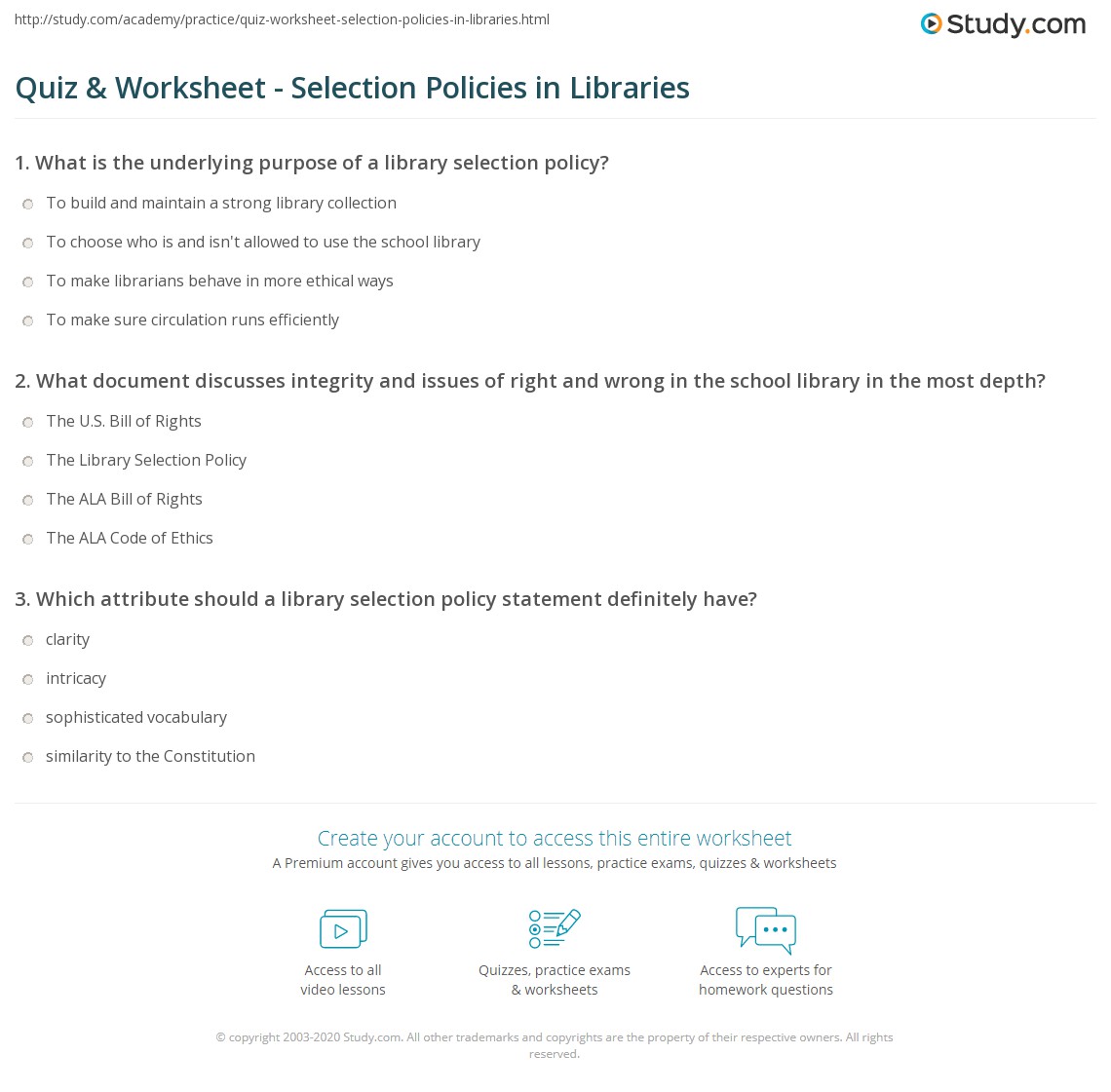 Quiz & Worksheet - Selection Policies in Libraries | Study.com