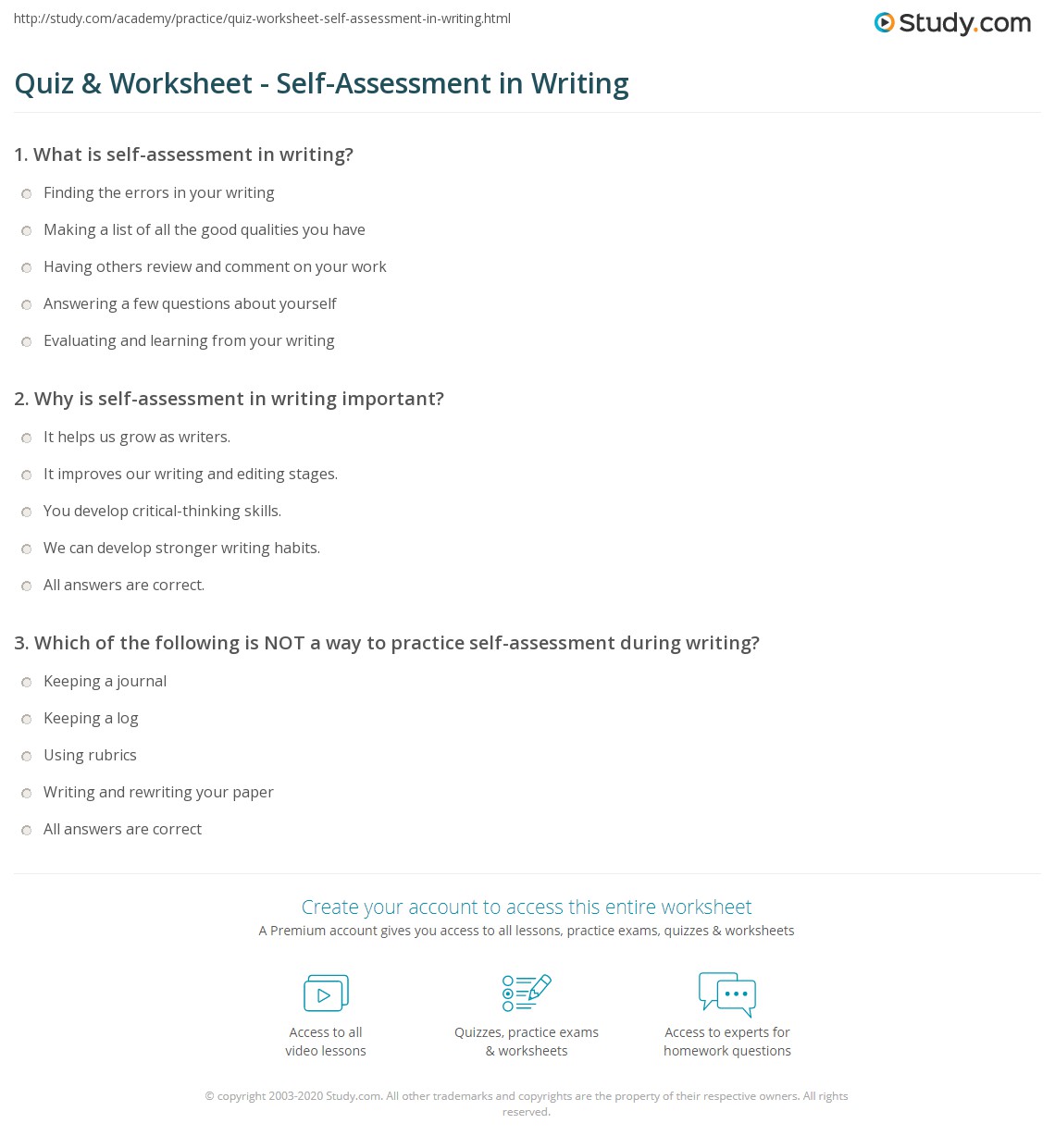 Quiz Worksheet Self Assessment In Writing Study