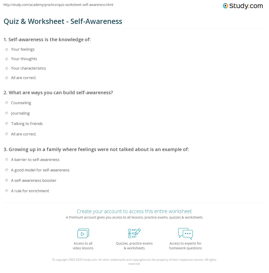 Quiz Worksheet Self Awareness Study