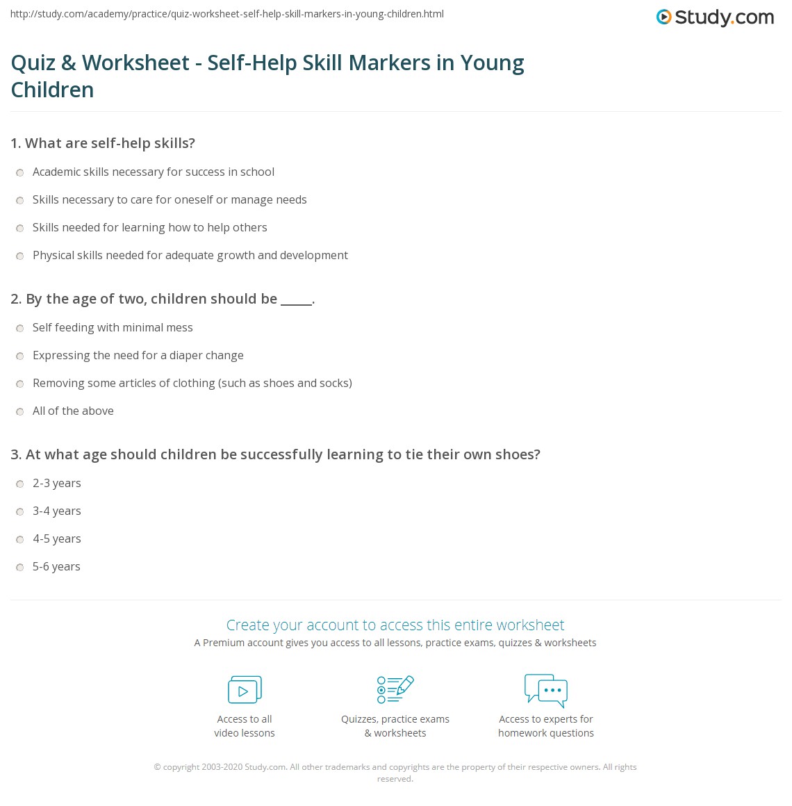Quiz & Worksheet - Self-Help Skill Markers in Young Children | Study.com