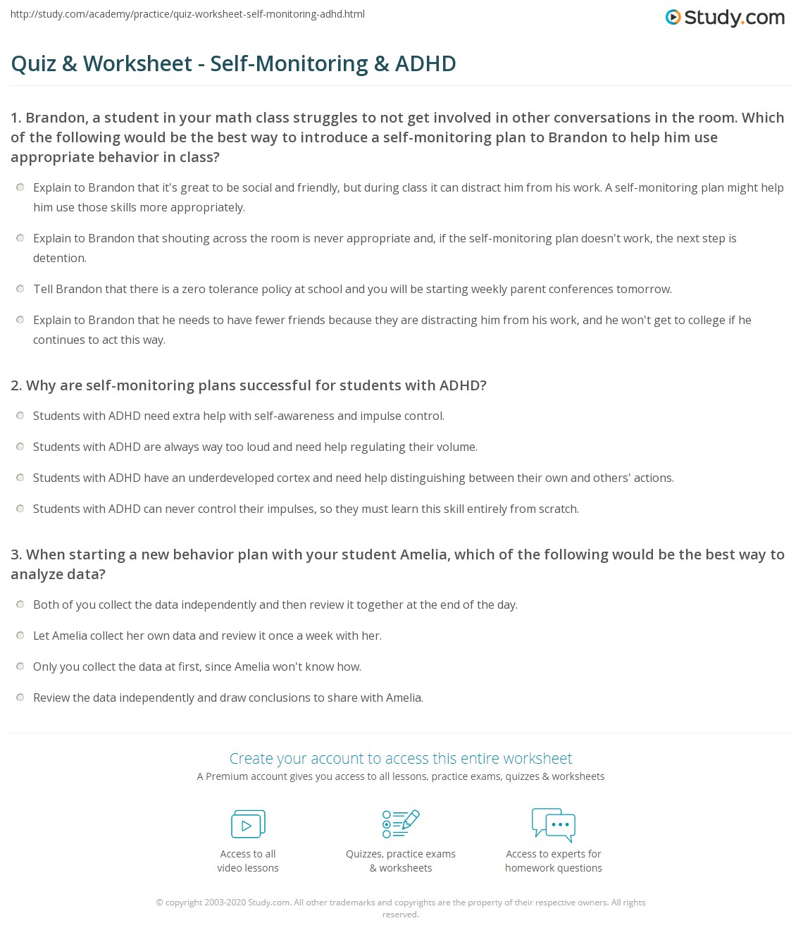 Quiz & Worksheet - Self-Monitoring & ADHD | Study.com