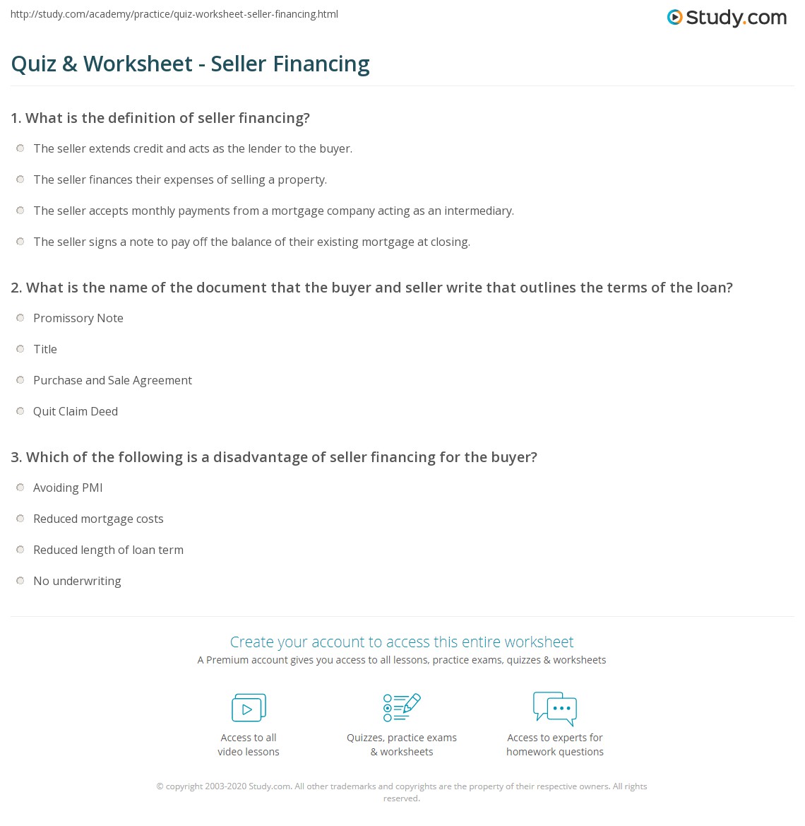 Quiz & Worksheet - Seller Financing | Study.com