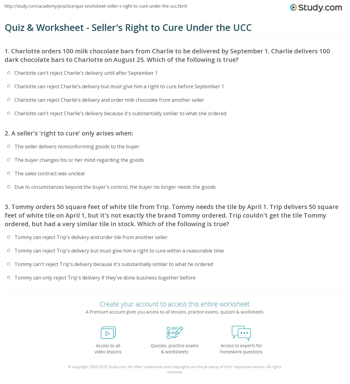 Quiz & Worksheet - Seller's Right to Cure Under the UCC | Study.com