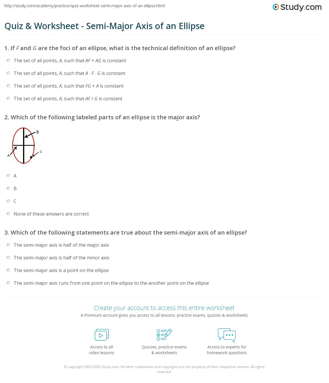 Quiz & Worksheet - Semi-Major Axis of an Ellipse | Study.com