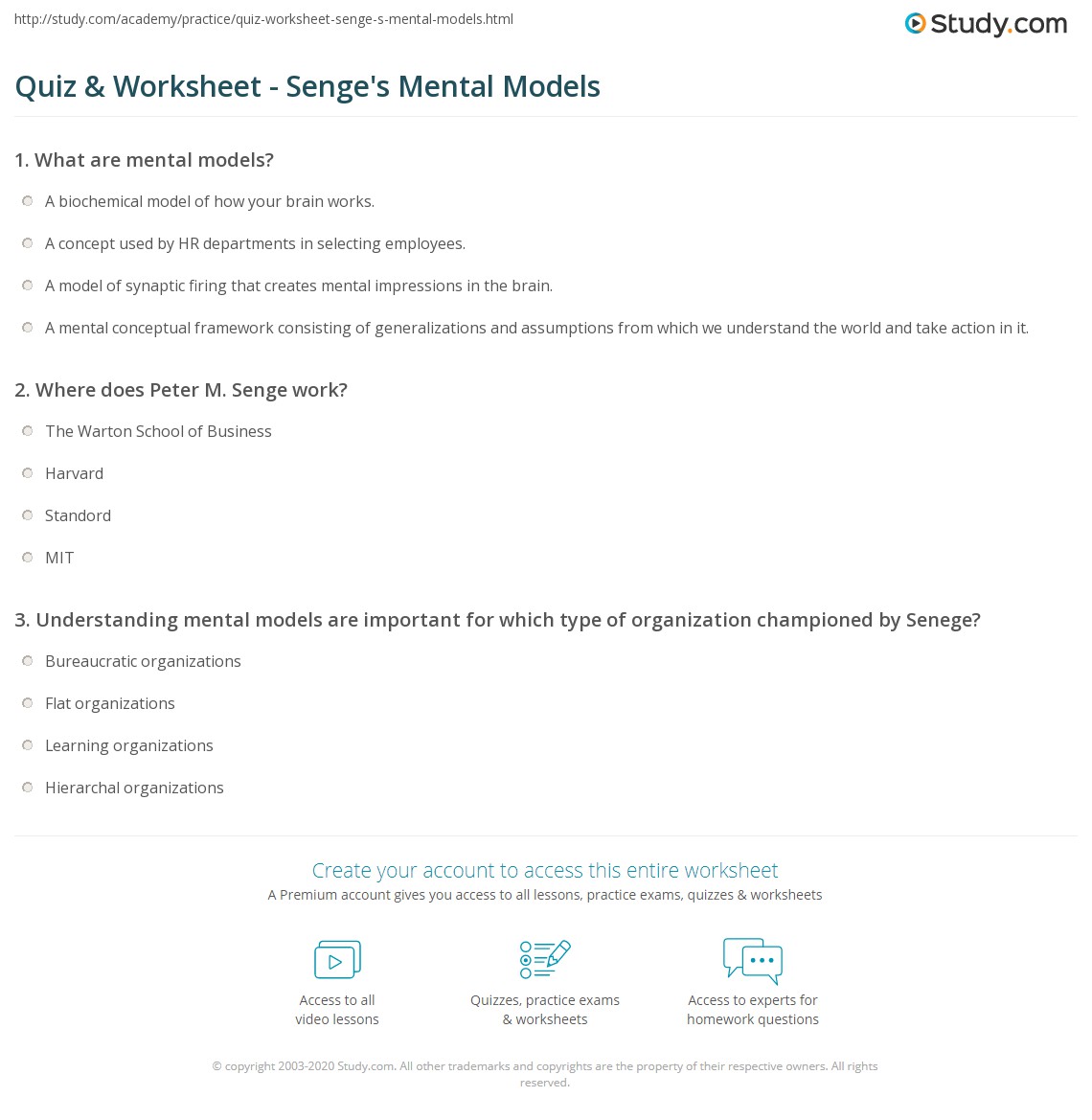 Quiz & Worksheet - Senge's Mental Models | Study.com