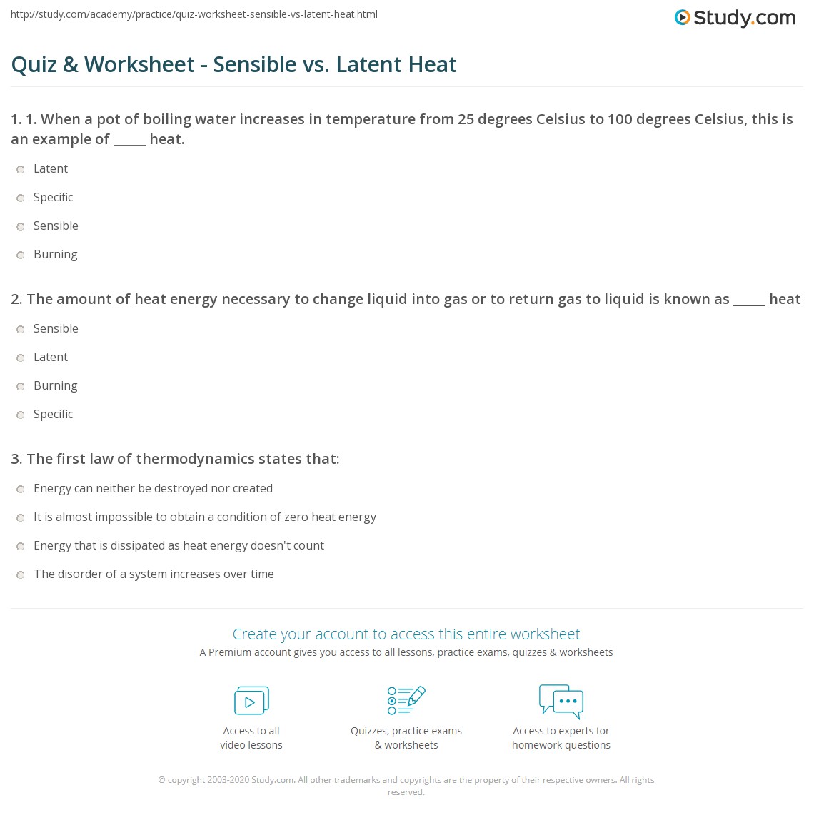 Quiz & Worksheet - Sensible vs. Latent Heat | Study.com
