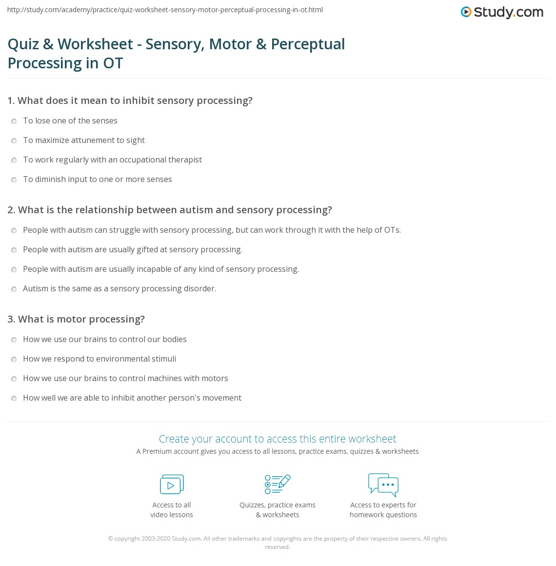Quiz & Worksheet - Sensory, Motor & Perceptual Processing in OT | Study.com