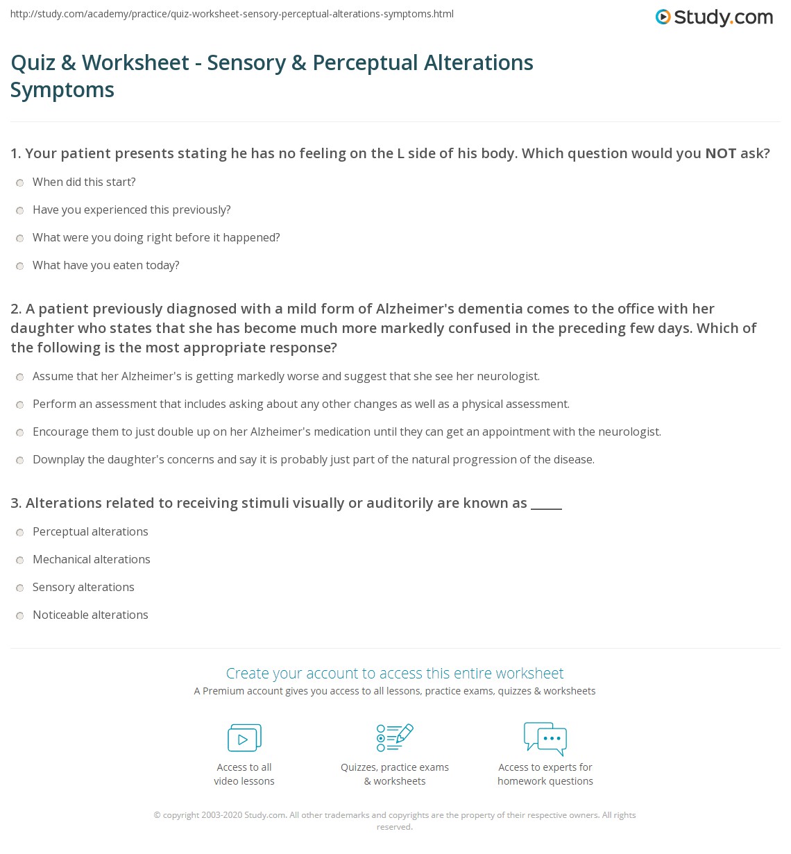 Quiz & Worksheet - Sensory & Perceptual Alterations Symptoms | Study.com
