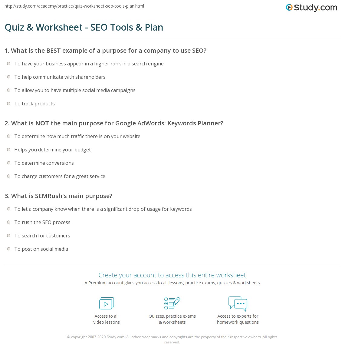 Quiz & Worksheet - SEO Tools & Plan | Study.com