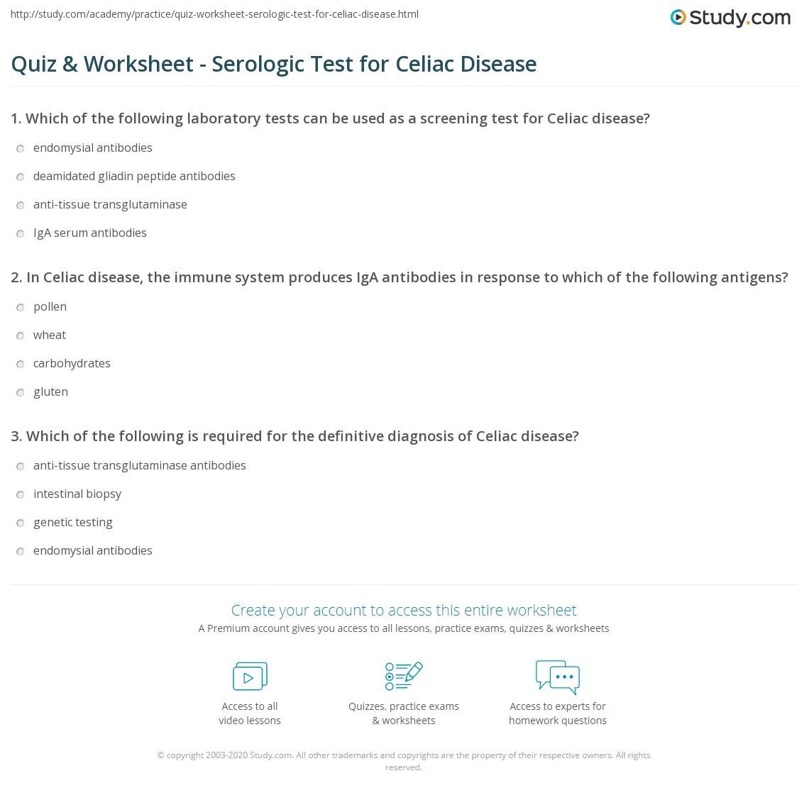 Quiz & Worksheet - Serologic Test for Celiac Disease | Study.com