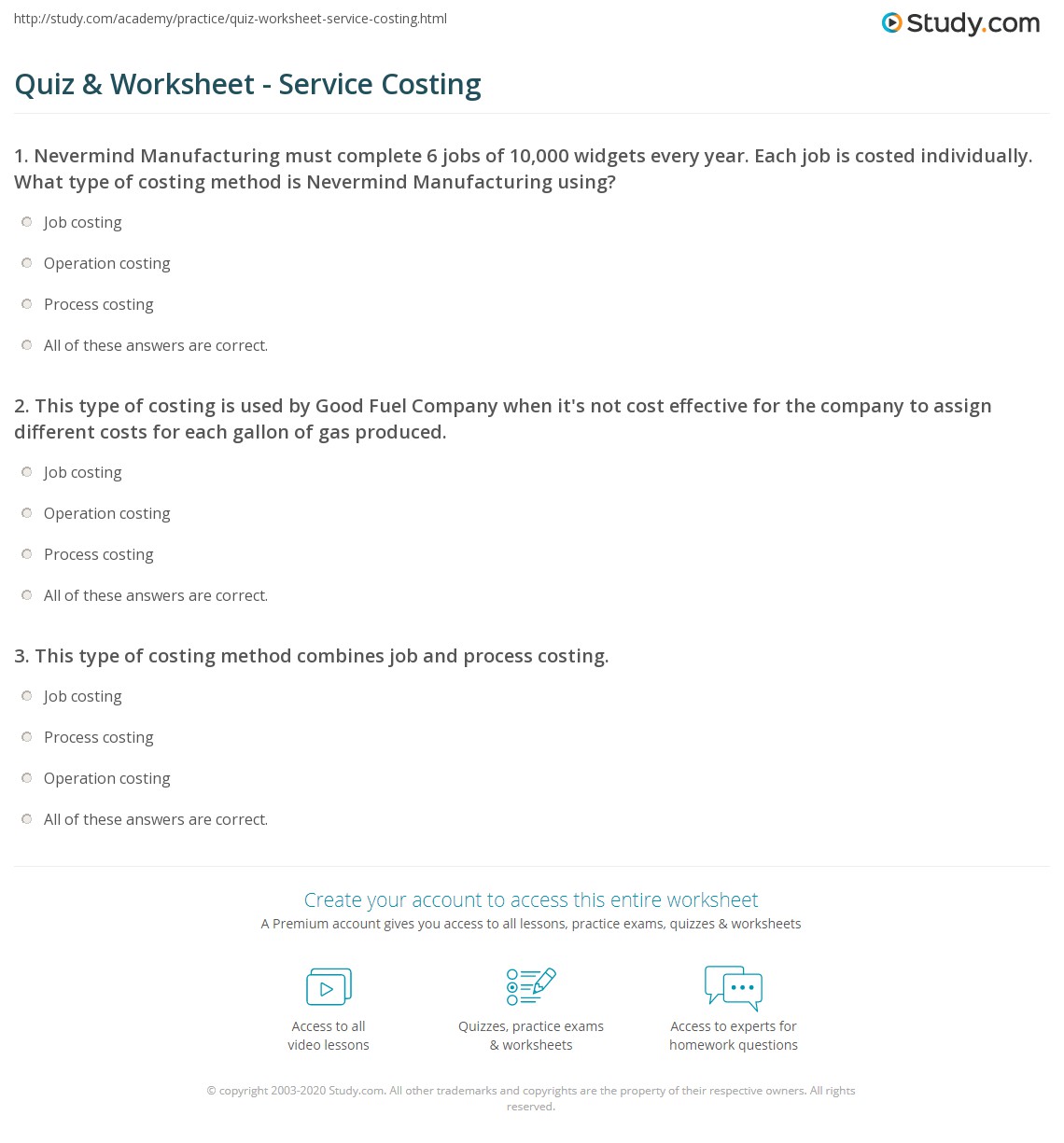 Quiz & Worksheet - Service Costing | Study.com