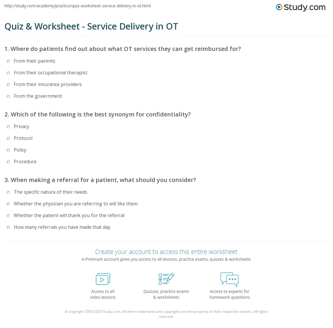 Quiz & Worksheet - Service Delivery in OT | Study.com