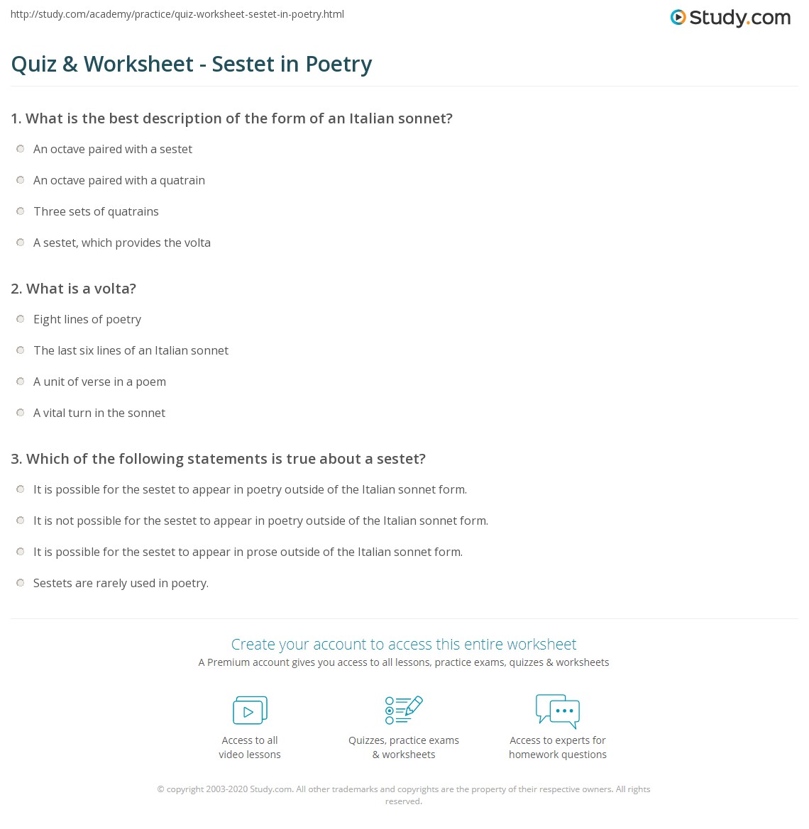 Quiz & Worksheet - Sestet in Poetry | Study.com