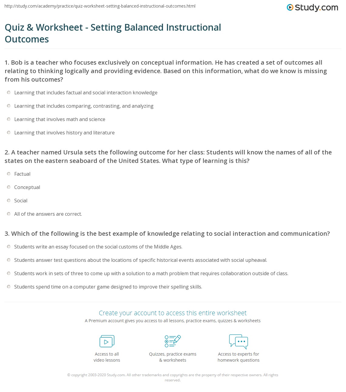 Quiz & Worksheet - Setting Balanced Instructional Outcomes | Study.com