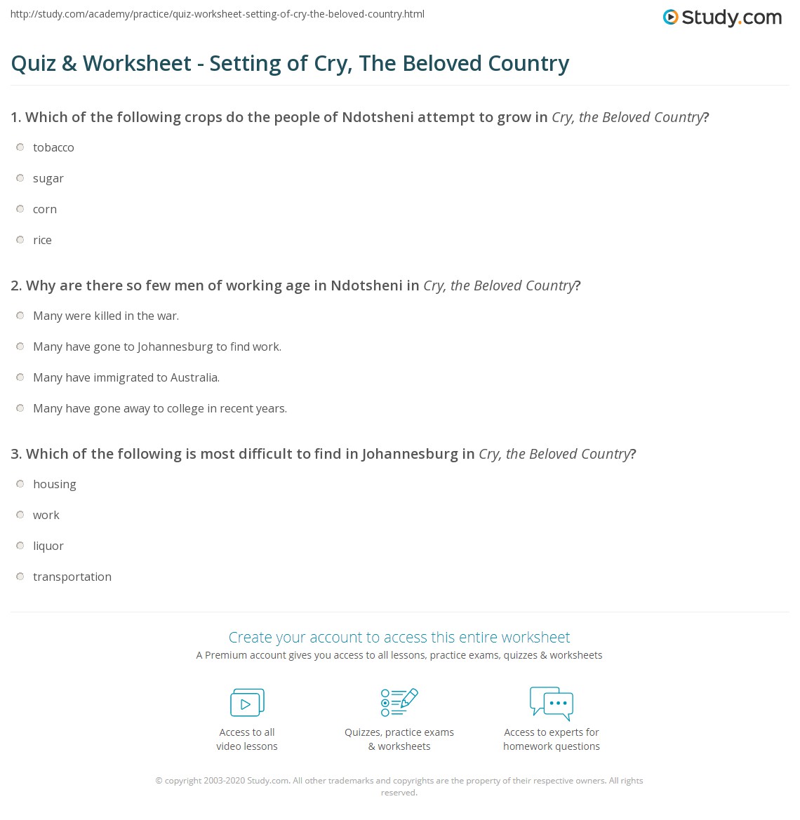 Quiz & Worksheet - Setting of Cry, The Beloved Country | Study.com
