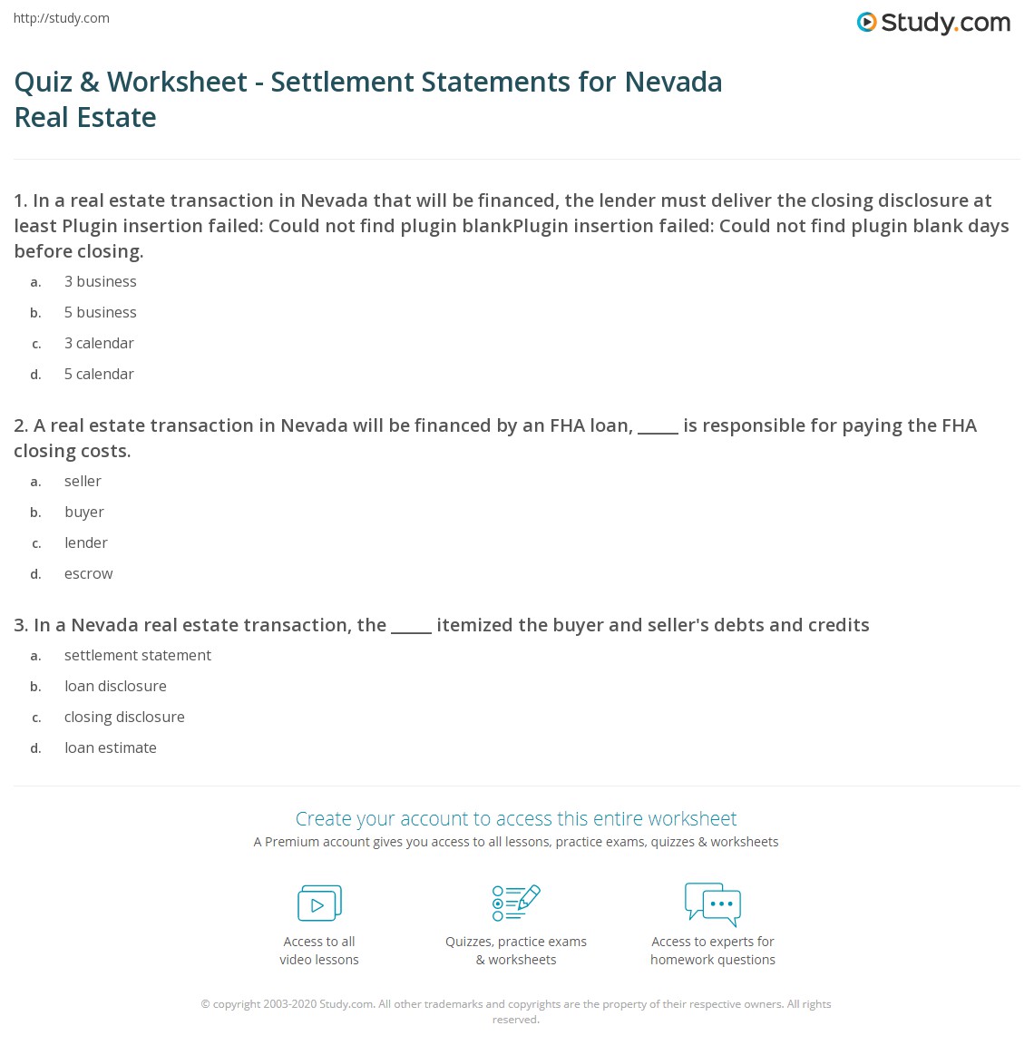 Quiz & Worksheet - Settlement Statements for Nevada Real Estate | Study.com