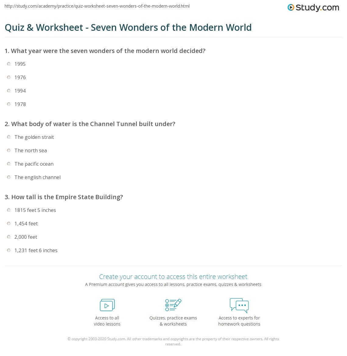 Quiz & Worksheet - Seven Wonders of the Modern World | Study.com