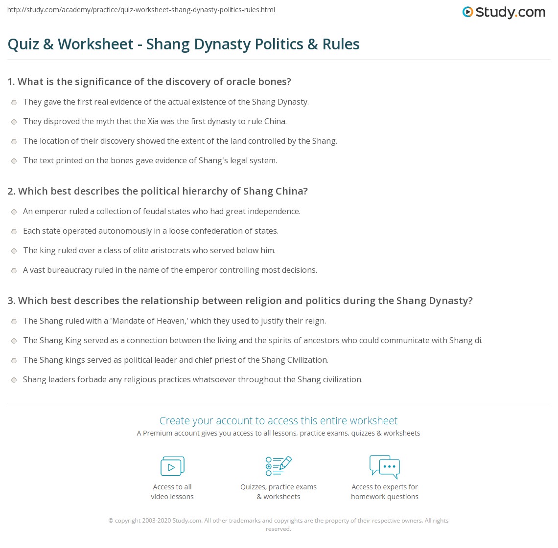 Quiz & Worksheet - Shang Dynasty Politics & Rules | Study.com