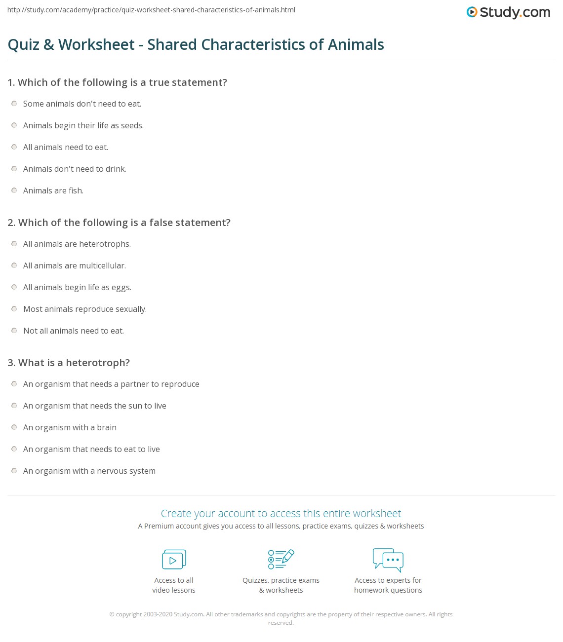 Quiz & Worksheet - Shared Characteristics of Animals | Study.com