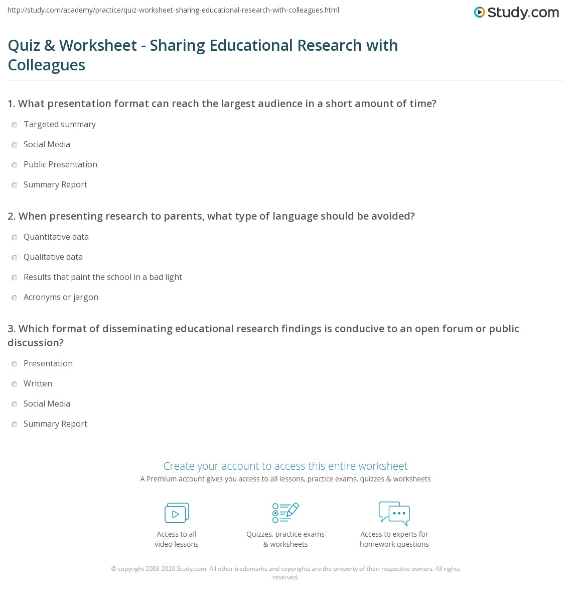 Quiz & Worksheet - Sharing Educational Research with Colleagues | Study.com