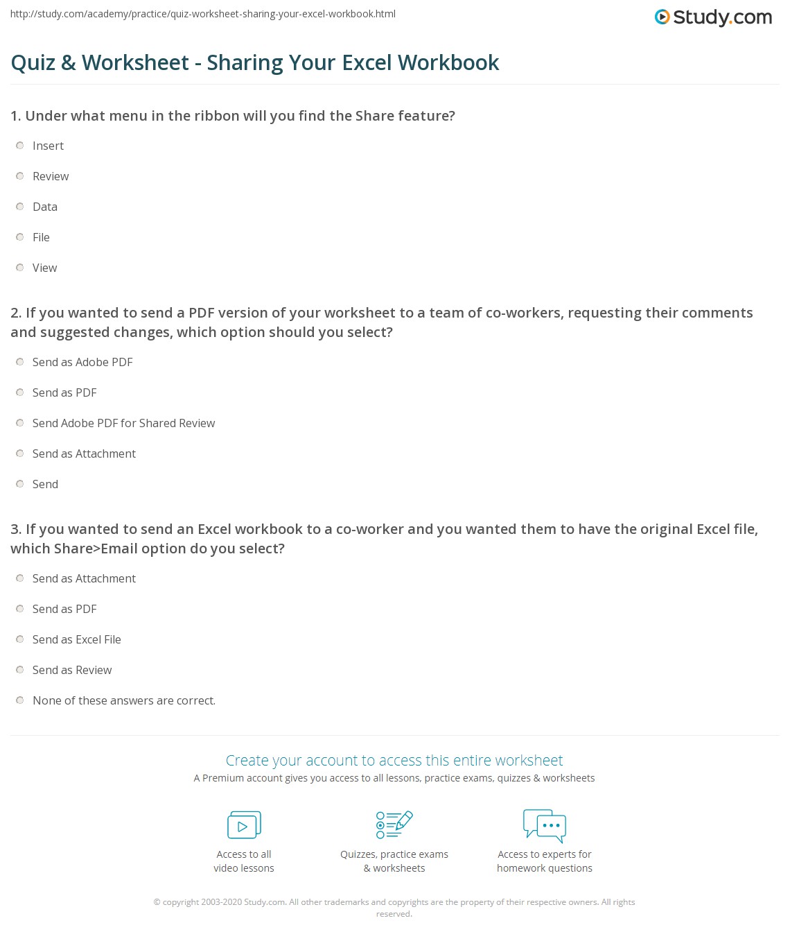 Quiz & Worksheet - Sharing Your Excel Workbook | Study.com